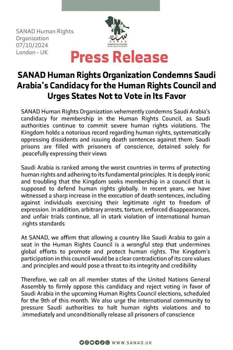 SANAD Human Rights Organization Condemns Saudi Arabia's Candidacy for ...