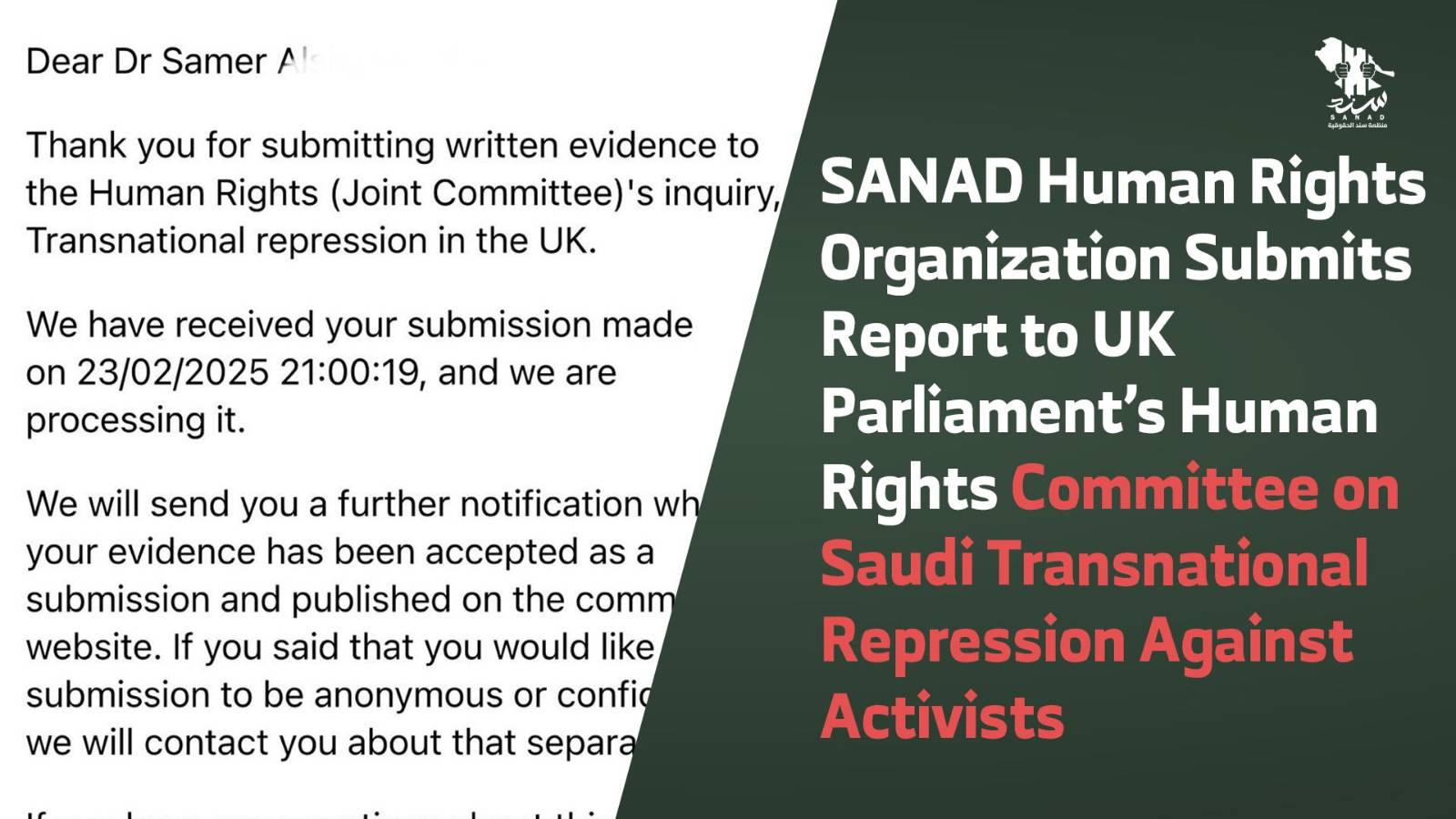 SANAD Human Rights Organization Submits Report to UK Parliament’s Human ...